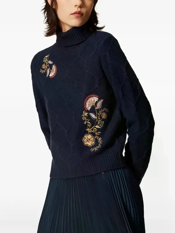 TWINSET Turtleneck Wool Jumper With Floral Embroidery