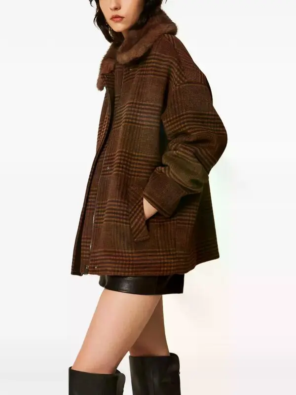 TWINSET Wool Cloth Check Caban Coat With Faux Fur Collar