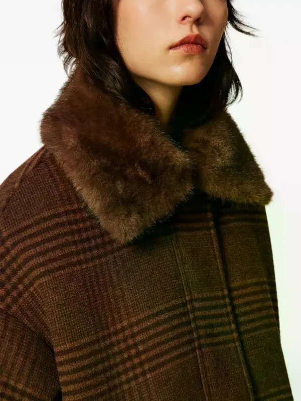 TWINSET Wool Cloth Check Caban Coat With Faux Fur Collar