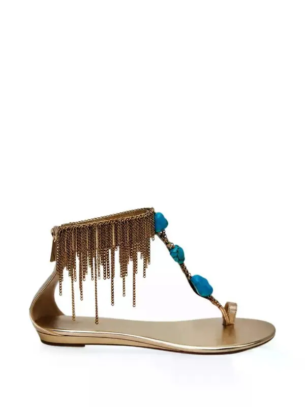 JIMMY CHOO Leather Fringed Chain Embellished Sandals - Gold