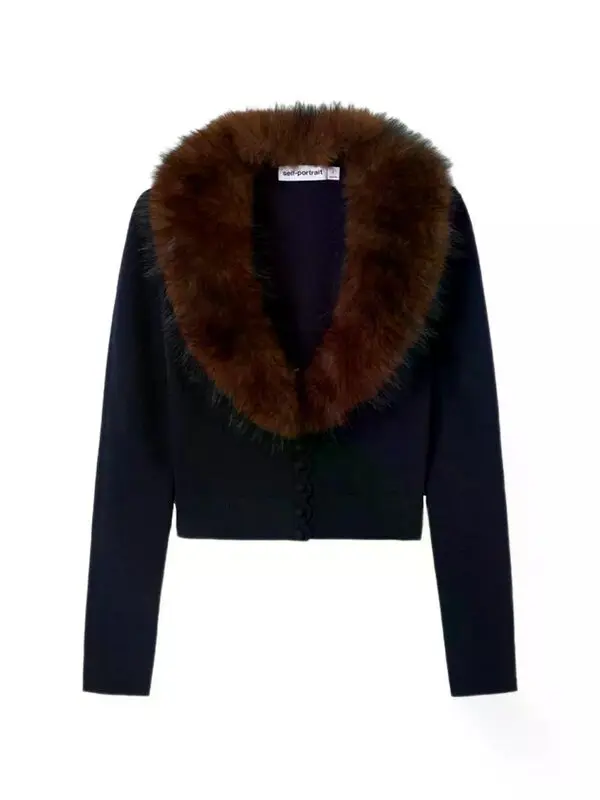 SELF-PORTRAIT Navy Faux-fur Knit Cardigan - Blue