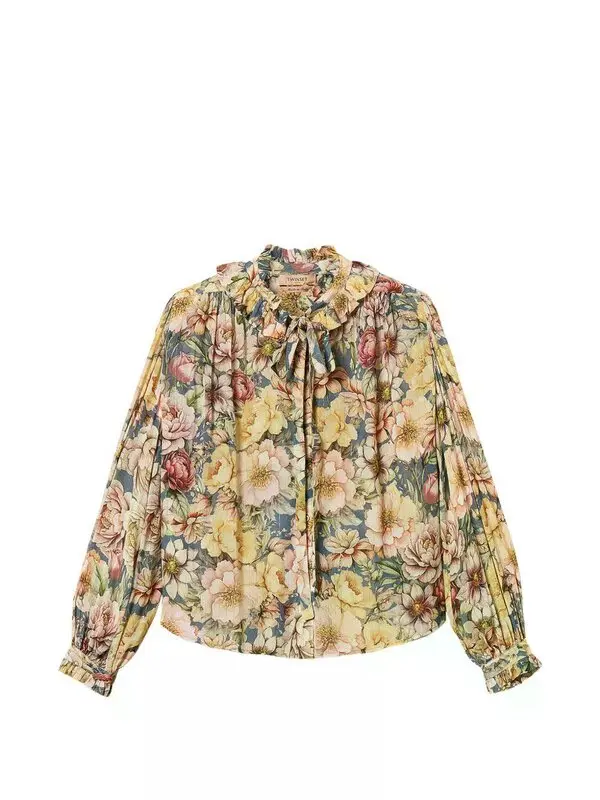 TWINSET Floral Creponne Shirt With Pussy-bow Neckline And Ruffled Details