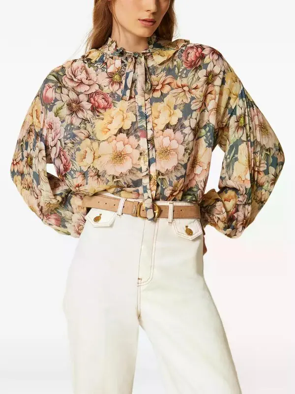 TWINSET Floral Creponne Shirt With Pussy-bow Neckline And Ruffled Details