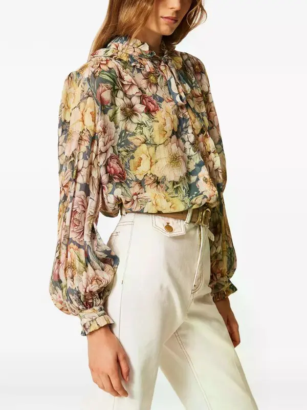 TWINSET Floral Creponne Shirt With Pussy-bow Neckline And Ruffled Details