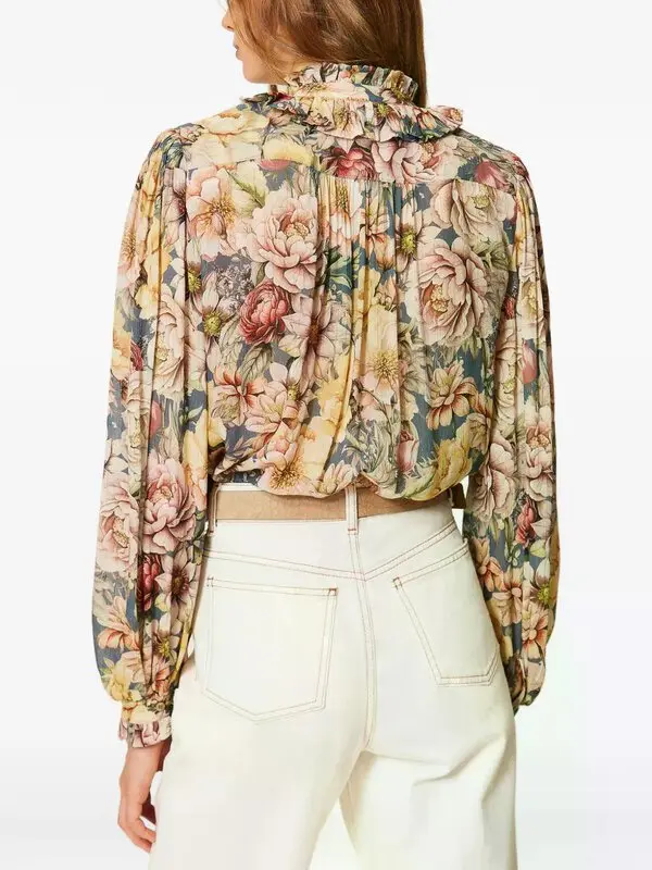 TWINSET Floral Creponne Shirt With Pussy-bow Neckline And Ruffled Details