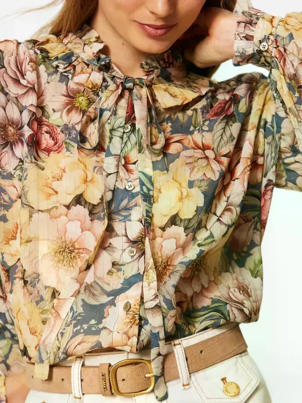 TWINSET Floral Creponne Shirt With Pussy-bow Neckline And Ruffled Details