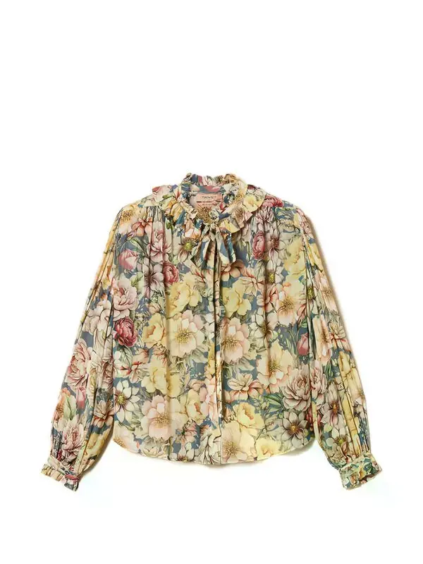 TWINSET Floral Creponne Shirt With Pussy-bow Neckline And Ruffled Details - Blue