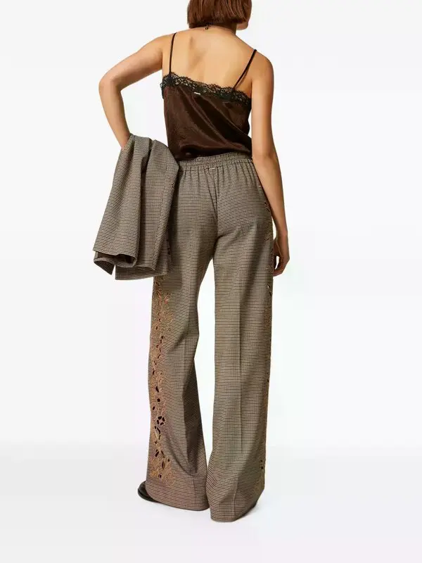 TWINSET Houndstooth Palazzo Trousers With Floral Embroidery