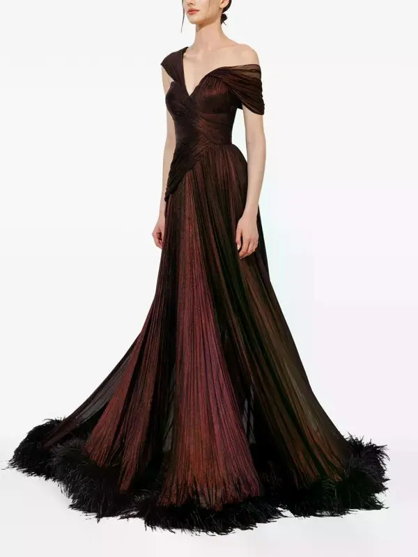 IRIS SERBAN Carla Feather-trimmed Pleated Gown