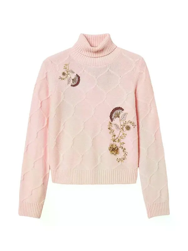 TWINSET Embroidered Floral Turtleneck Wool Jumper