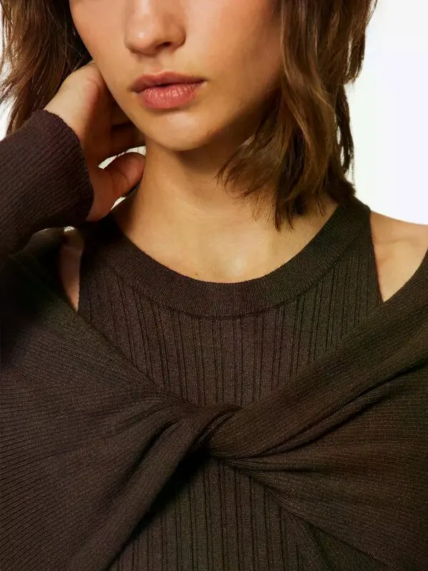 TWINSET Ribbed Knit Long Sleeve Maxi Dress With Front Knot Detail