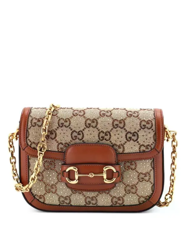 Gucci Horsebit 1955 Crystal Embellished Gg Canvas Mini Shoulder Bag - Brown