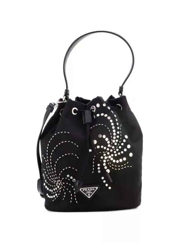 Prada Top Handle Bead Embellished Re-nylon Mini Bucket Bag - Black
