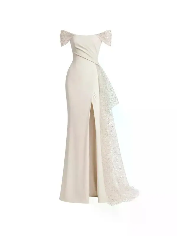GEMY MAALOUF Off-the-shoulder Draped Sequin Tulle Maxi Dress - Neutrals