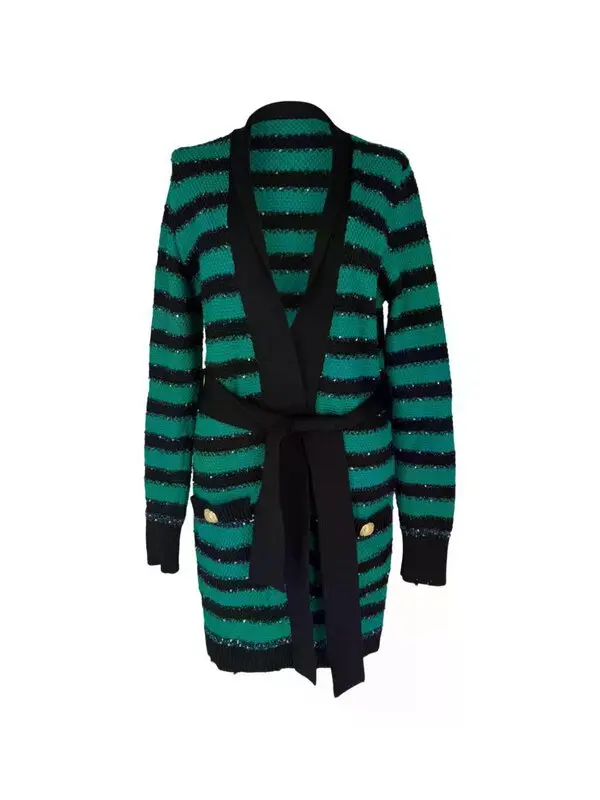 Balmain Striped Belted Cardigan - Green