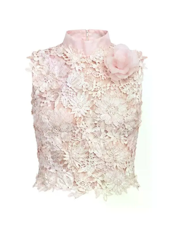 GEMY MAALOUF Sleeveless Floral Lace Peplum Top - Pink