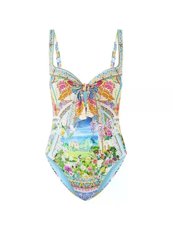 Camilla Printed Tie-front Swimsuit - Blue