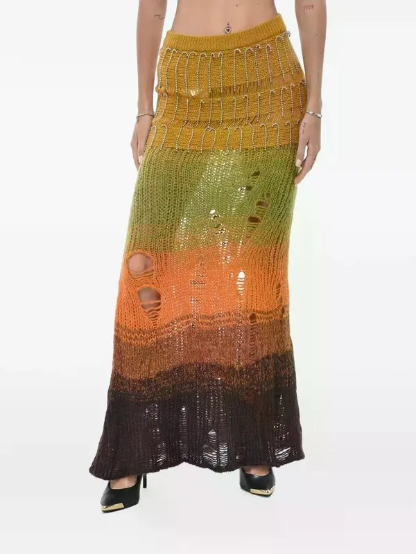 Off-White Bead-embellished Distressed-knit Maxi Skirt