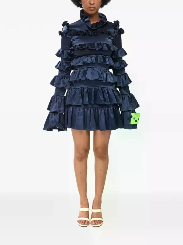 Off-White Ruffle-trimmed Satin Mini Dress - Blue