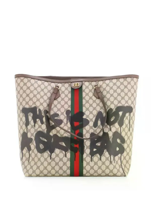 Balenciaga X Gucci The Hacker Project Graffiti Bb Coated Canvas Large Tote Bag - Brown
