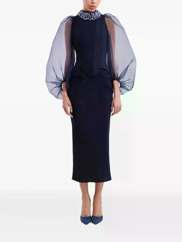 GEMY MAALOUF Navy Crepe Draped Midi Skirt