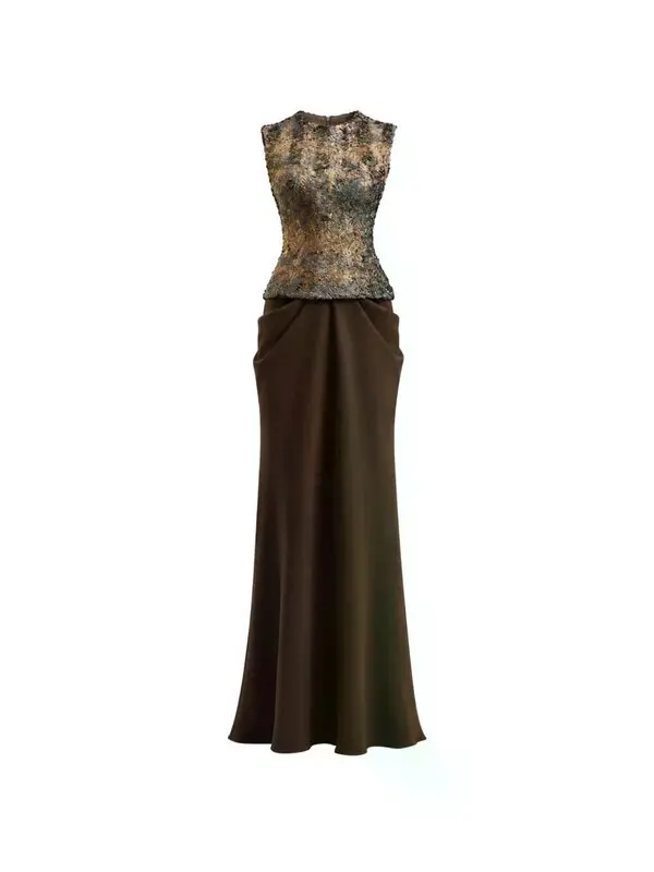 GEMY MAALOUF Textured Bodice Draped Maxi Dress - Brown