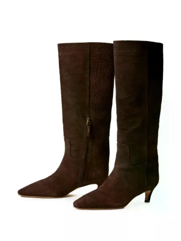 TWINSET Crocodile Print Suede Knee-high Boots