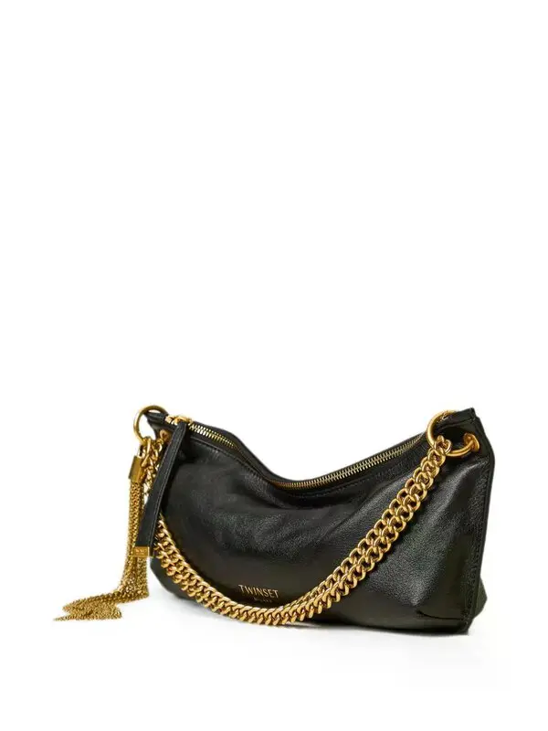 TWINSET Smooth Natural Calfskin Leather Shoulder Bag With Tassel Detail - Black
