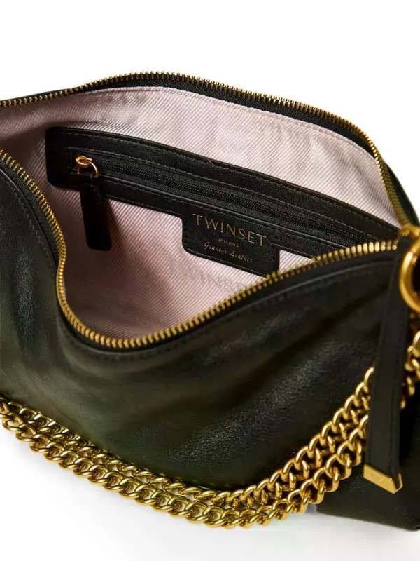 TWINSET Smooth Natural Calfskin Leather Shoulder Bag With Tassel Detail - Black