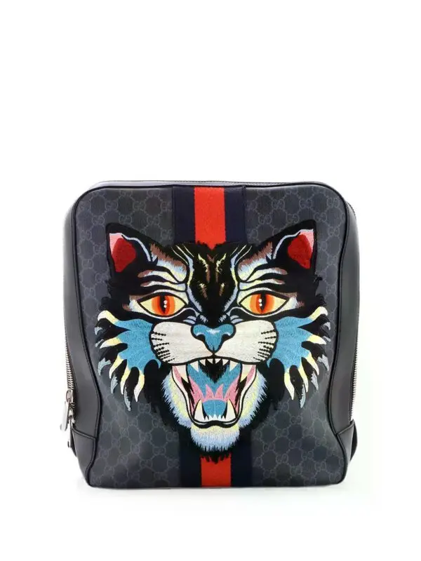 Gucci Angry Cat Web Gg Coated Canvas With Applique Medium Backpack - Black