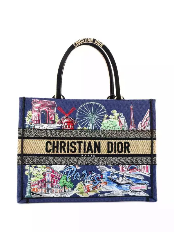 Dior Book Embroidered Raffia Medium Tote Bag - Blue
