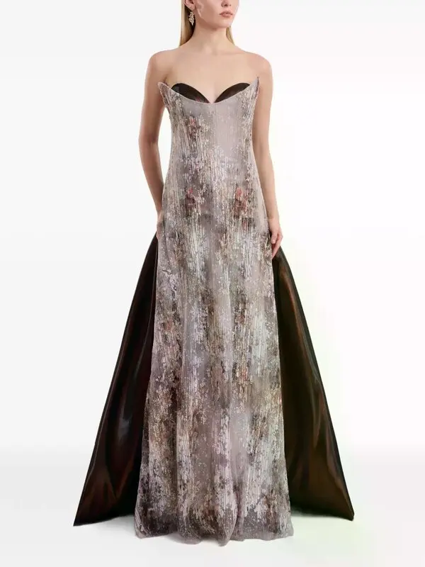 GEMY MAALOUF Strapless Sculpted-neck Abstract Print Gown