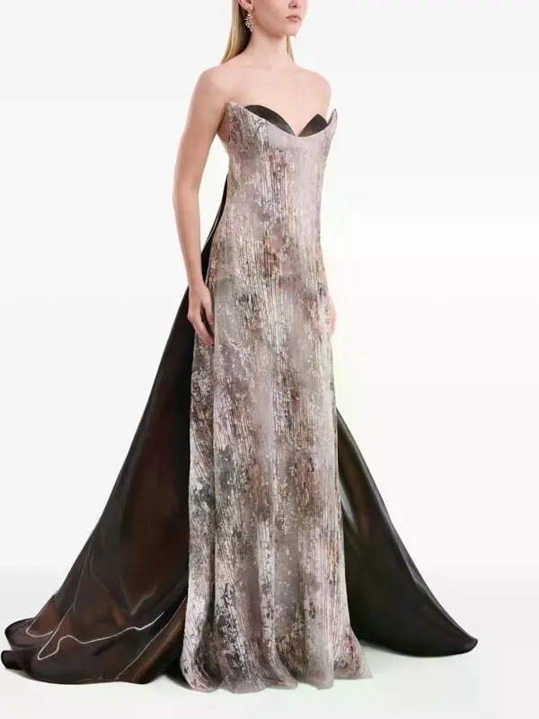GEMY MAALOUF Strapless Sculpted-neck Abstract Print Gown