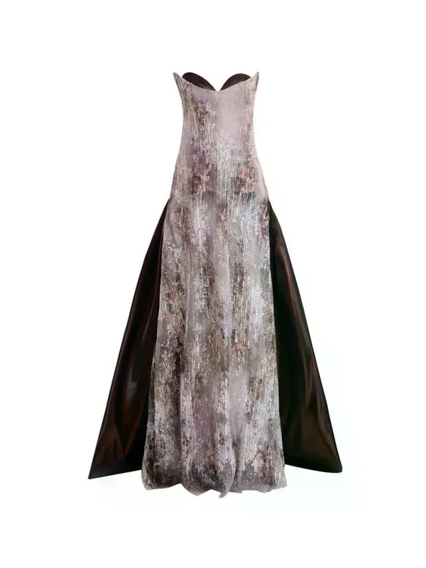 GEMY MAALOUF Strapless Sculpted-neck Abstract Print Gown - Neutrals