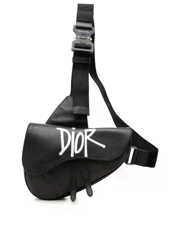 Dior 2020 Shawn Stussy Grained Calfskin Saddle Bag Crossbody Bag - Black