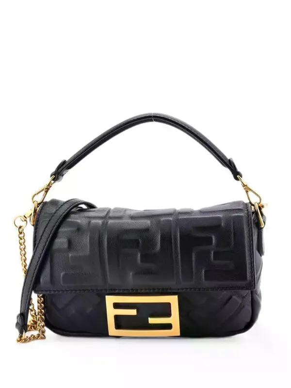 Fendi Baguette Nm Bag Zucca Embossed Leather Mini Crossbody Bag - Black