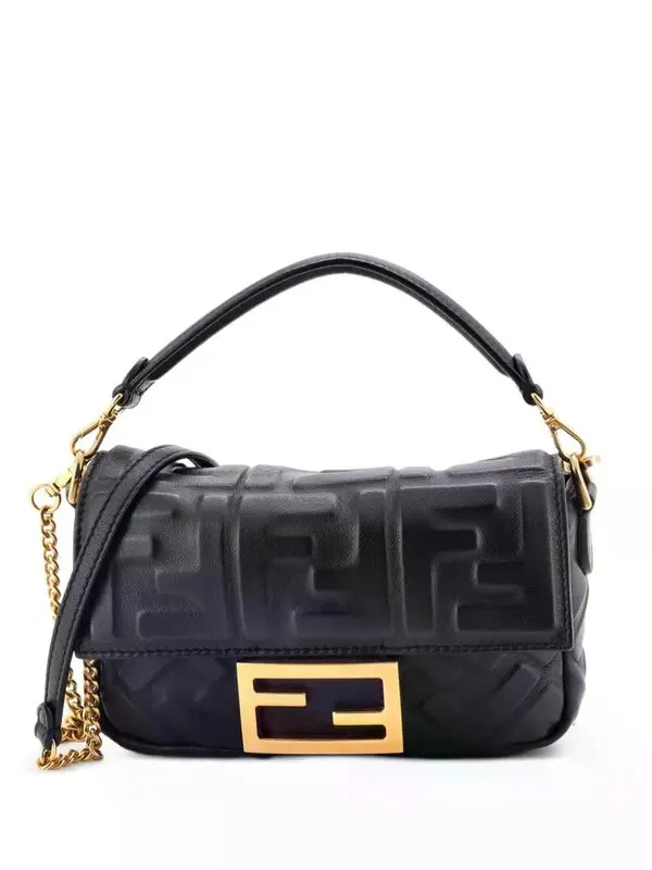 Fendi Baguette Nm Bag Zucca Embossed Leather Mini Crossbody Bag - Black