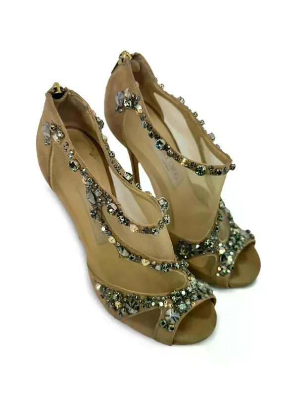 JIMMY CHOO Beige Leather & Crystal Mesh Pumps
