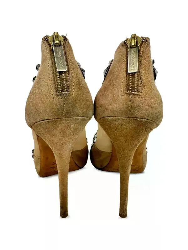 JIMMY CHOO Beige Leather & Crystal Mesh Pumps