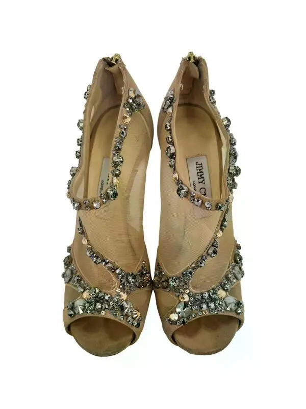 JIMMY CHOO Beige Leather & Crystal Mesh Pumps