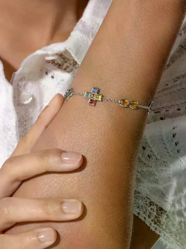 ALEXANDER LAUT 18k White Gold Multi-color Sapphire And Diamond Charm Bracelet