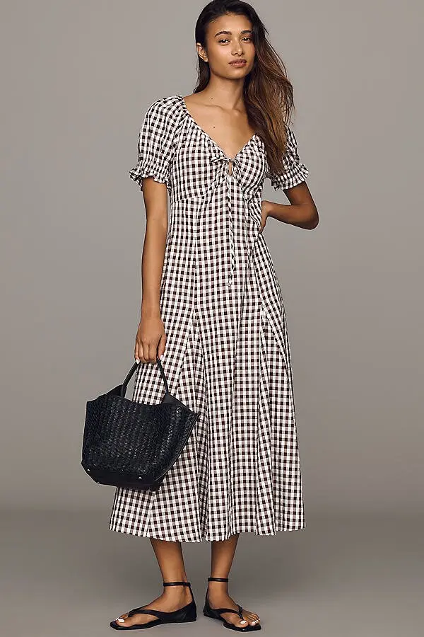 Maeve Puff Sleeve Midi Dress - Brown Gingham