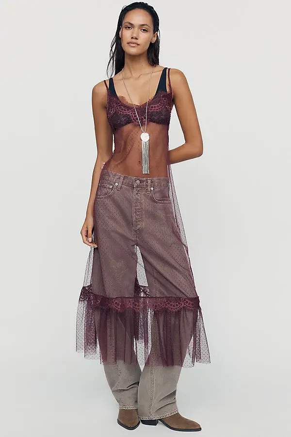 LYREBIRD Mesh Lace Slip Maxi Dress - Wine