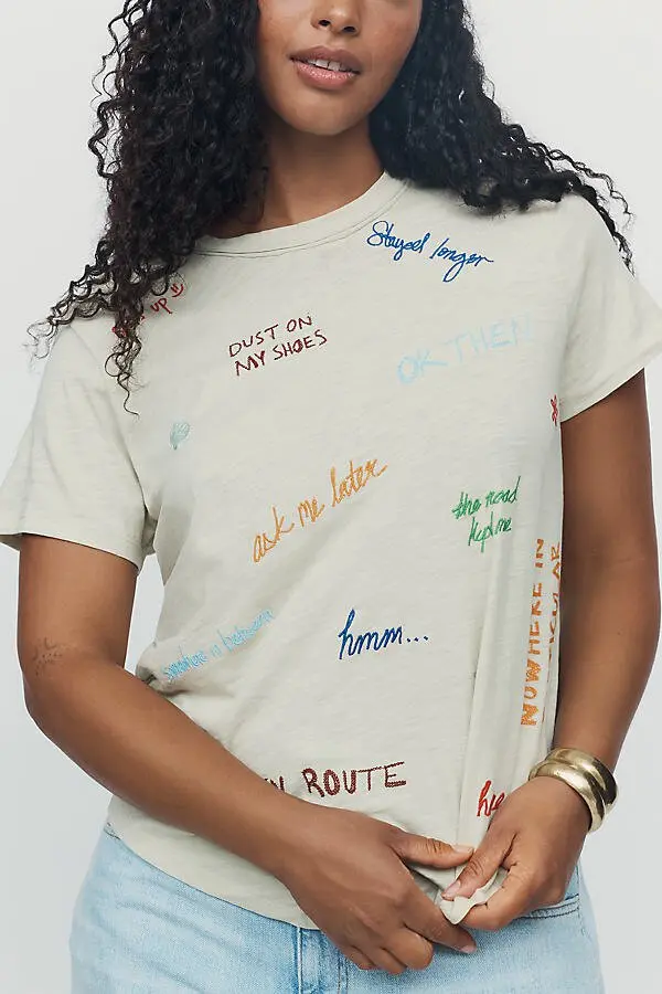 PILCRO Cotton Slim Embroidered Crewneck T-shirt