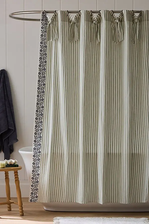Anthropologie Evita Cotton Tie Stripe Shower Curtain - Green