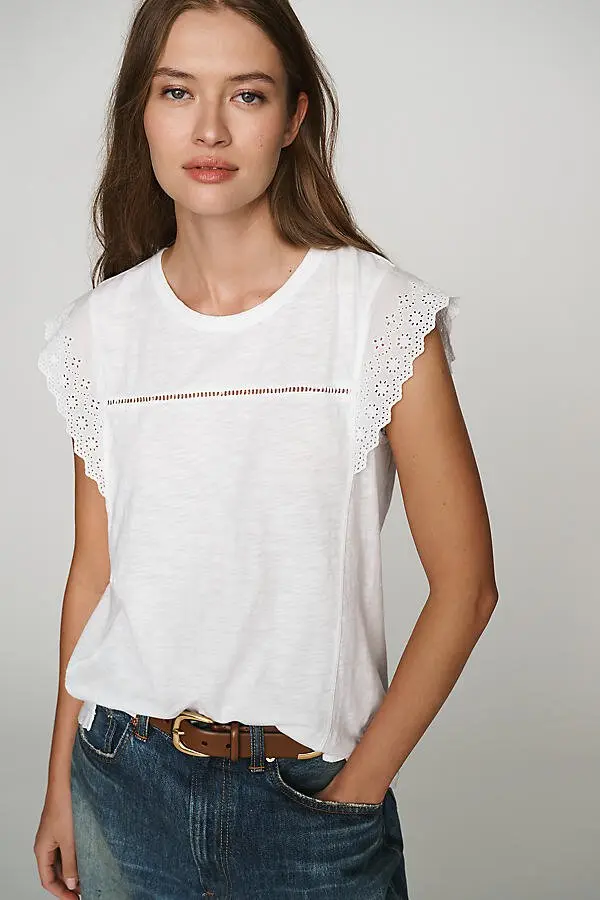 Wilt 100% Cotton Eyelet Cap Sleeve Tee - White