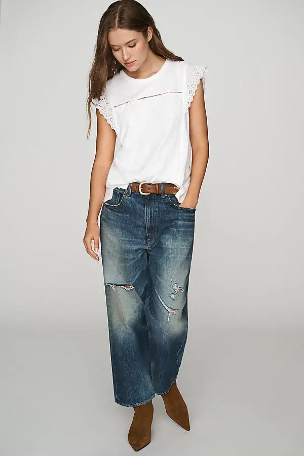 Wilt 100% Cotton Eyelet Cap Sleeve Tee - White
