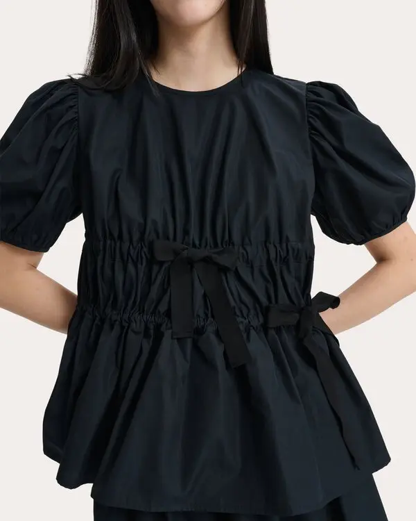 Cecilie Bahnsen Poplin Gathered Peplum Top With Puffed Sleeves