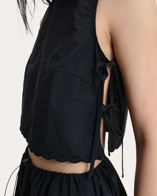 Cecilie Bahnsen Feeba Embroidered Taffeta Bow Crop Top - Black