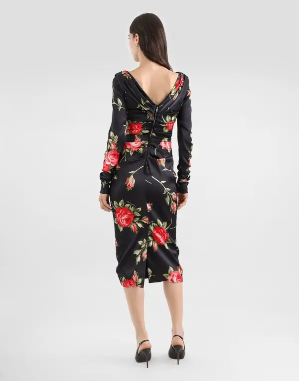 Dolce & Gabbana Rose Bouquet-print Draped Satin Dress